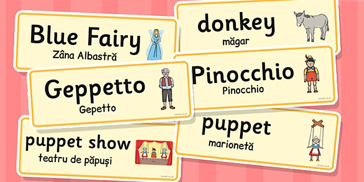 Pinocchio Word Cards Romanian Translation (teacher made)