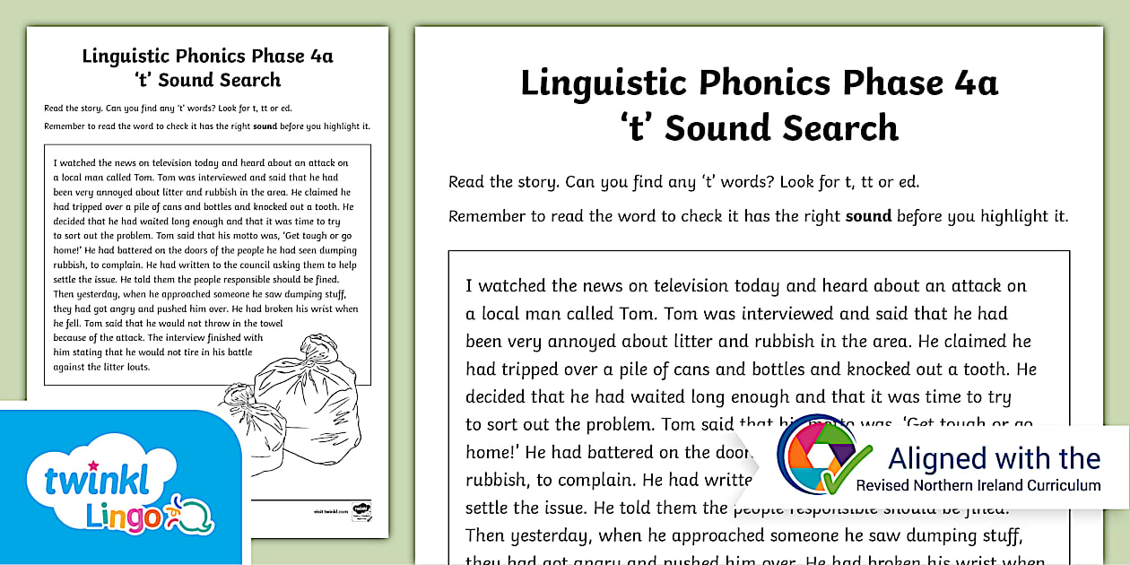 Northern Ireland Linguistic Phonics Stage 5 and 6, Phase 4a, 't' Sound Text