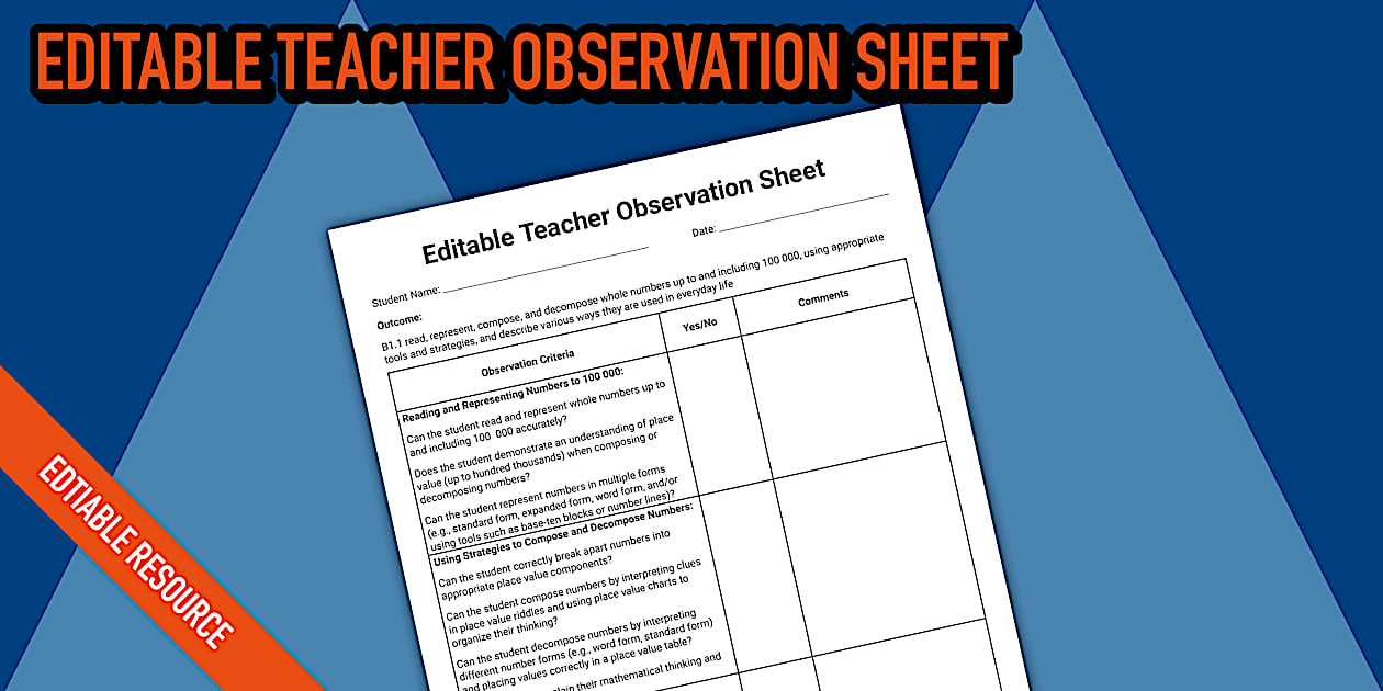 Grade 5 B1.1 Whole Numbers to 100 000 Editable Observation Sheet