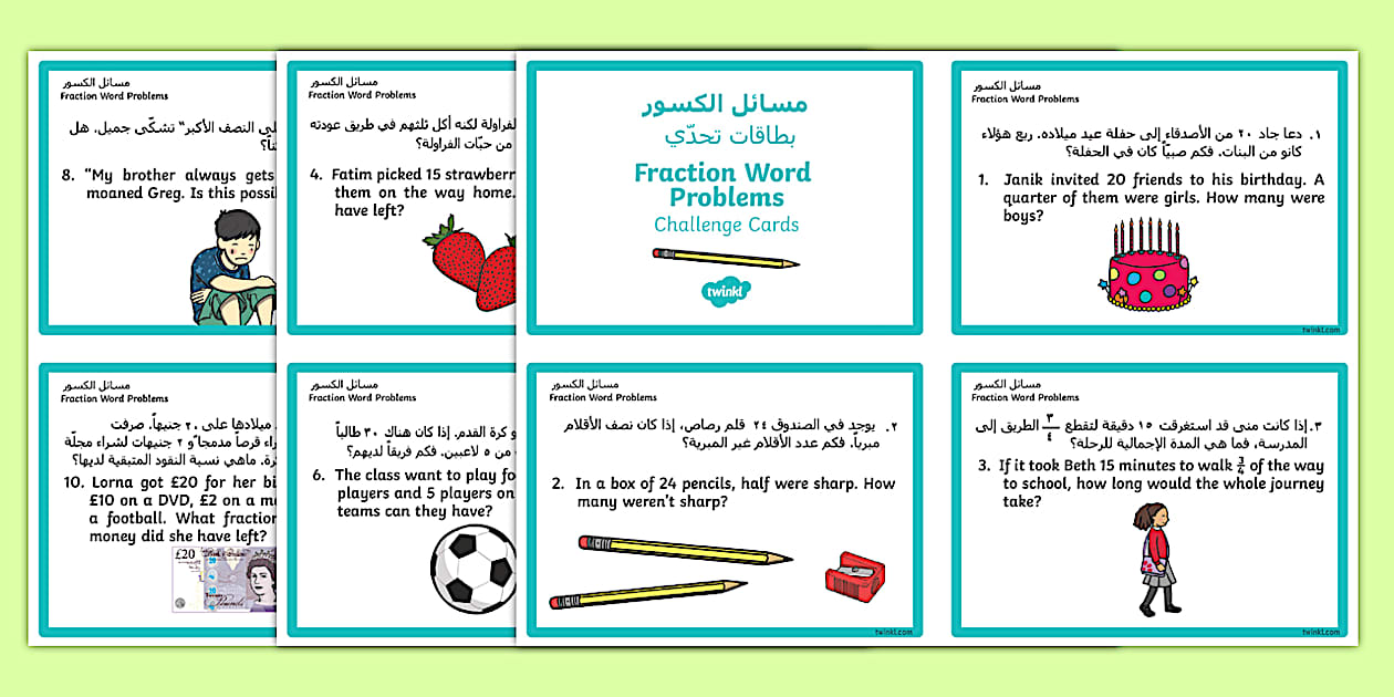 Year 2 Fractions Word Problems Challenge Cards - Arabic/English