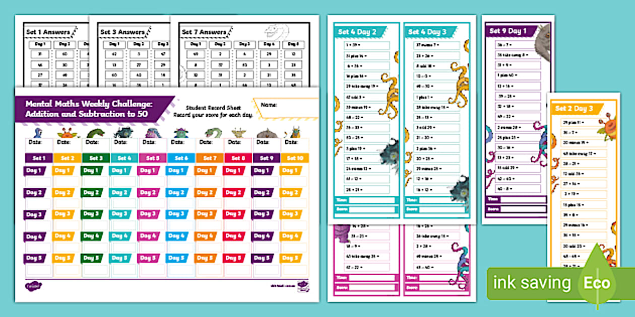 Editable Mental Maths Weekly Challenge: Addition and Subtraction to 50