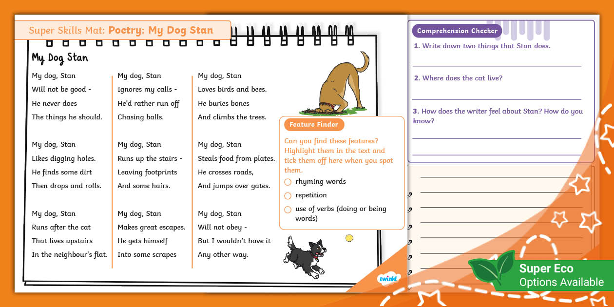 Dog-Themed Poetry Activity | Super Skills Mat: My Dog Stan