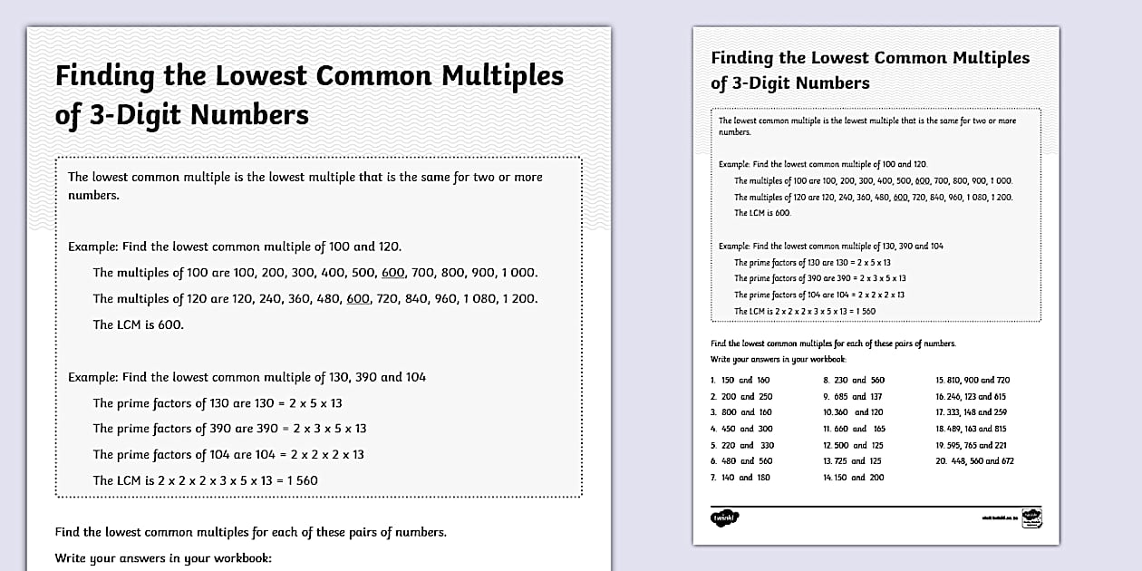 Finding the Lowest Common Multiples of 3-Digit Numbers Activity Sheet
