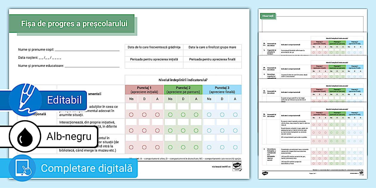 Fișă de progres grădiniță | Twinkl România - Twinkl