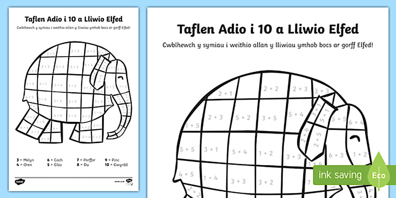 Taflen Adio i 10 a Lliwio Elfed (teacher made) - Twinkl