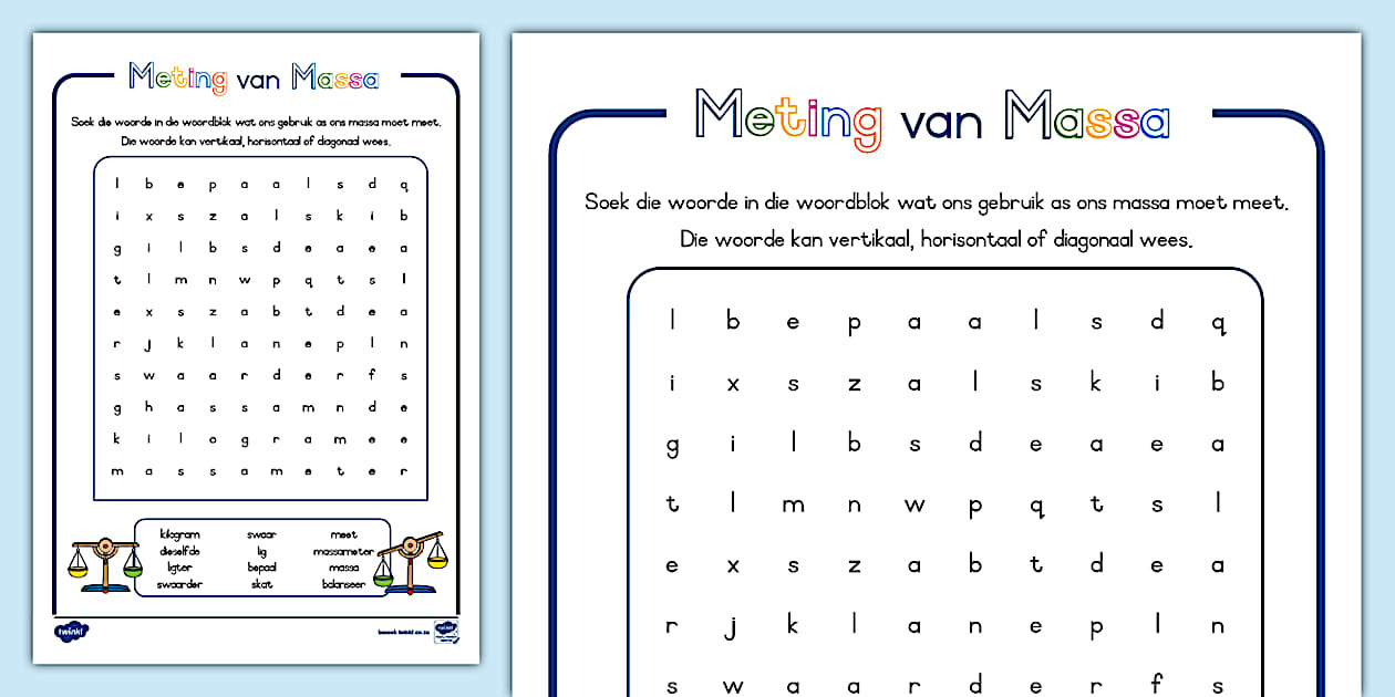 Meting van Massa. Woordsoek. (teacher made) - Twinkl