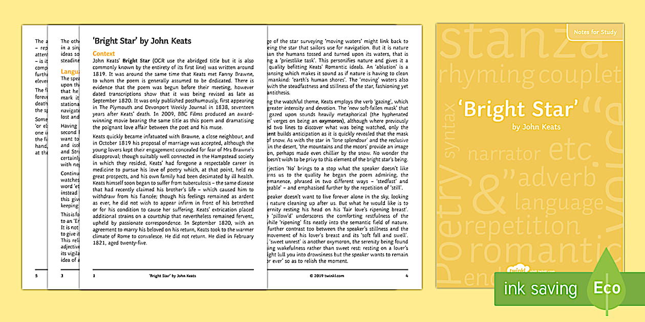 GCSE Poetry Notes for Study - Bright Star (teacher made)