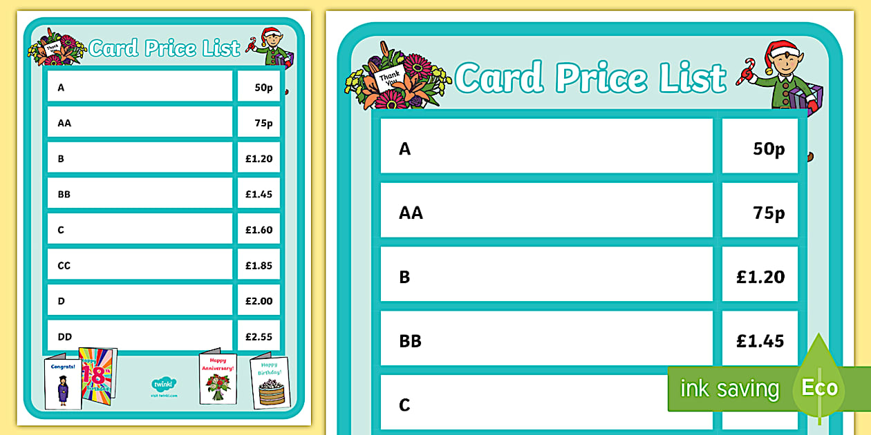 Editable Card Price List (teacher made) - Twinkl