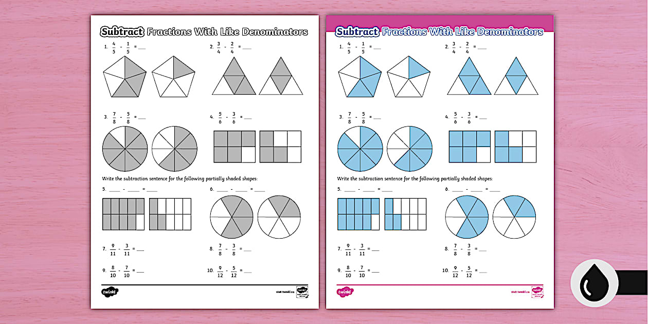 Subtract Fractions - Like Denominators and Models Activity