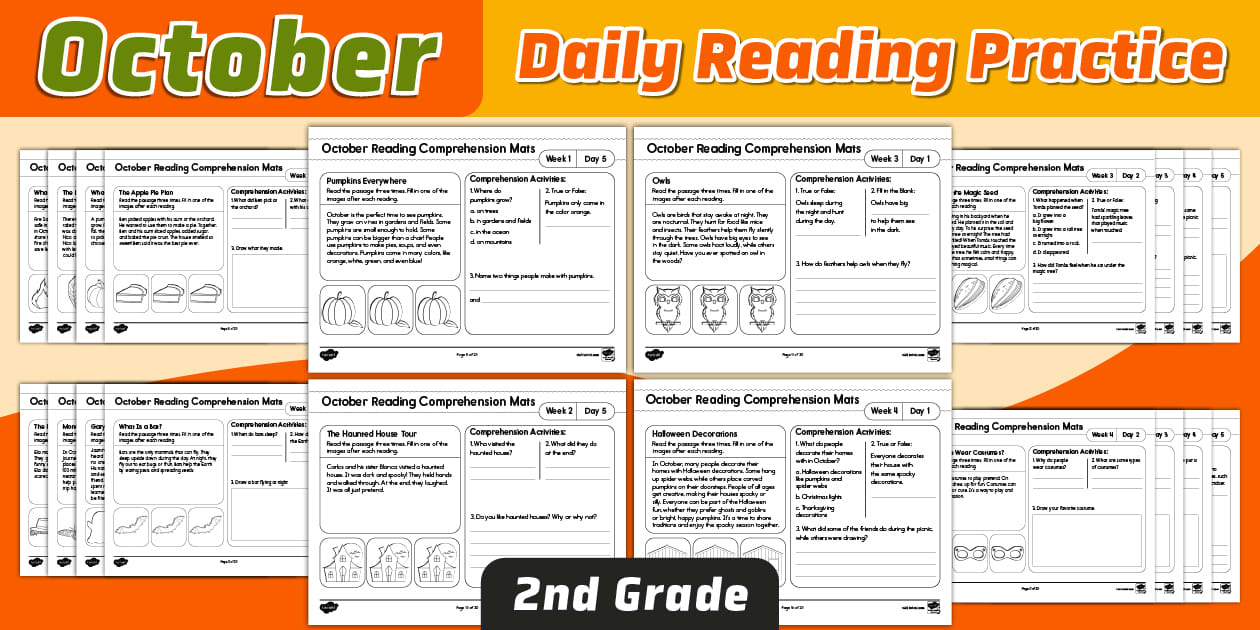 October Second Grade Daily Reading Comprehension Mats
