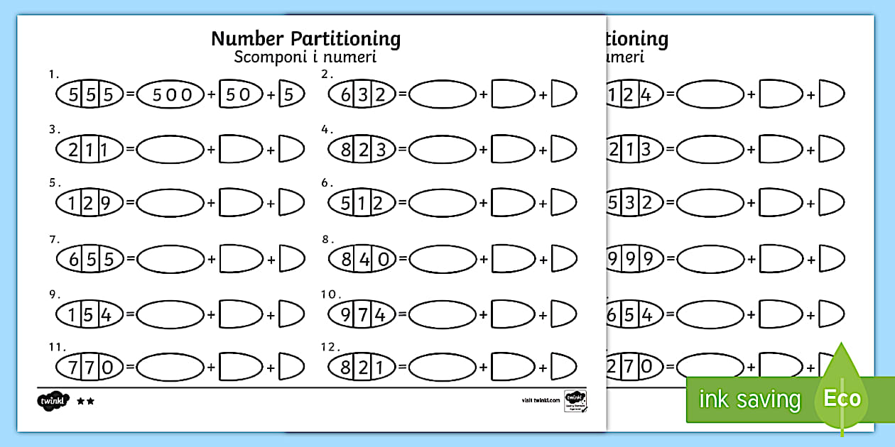 Lower Ability Hundreds, Tens and Ones Number Partitioning Worksheet