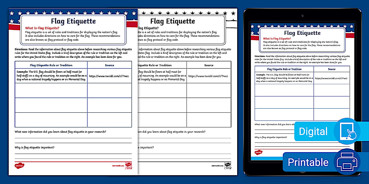 Sixth Grade Flag Etiquette Research Worksheet
