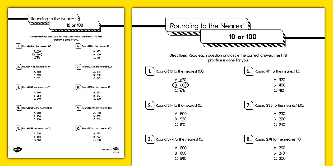 Second Grade Rounding to the Nearest 10 or 100 Multiple Choice Worksheet