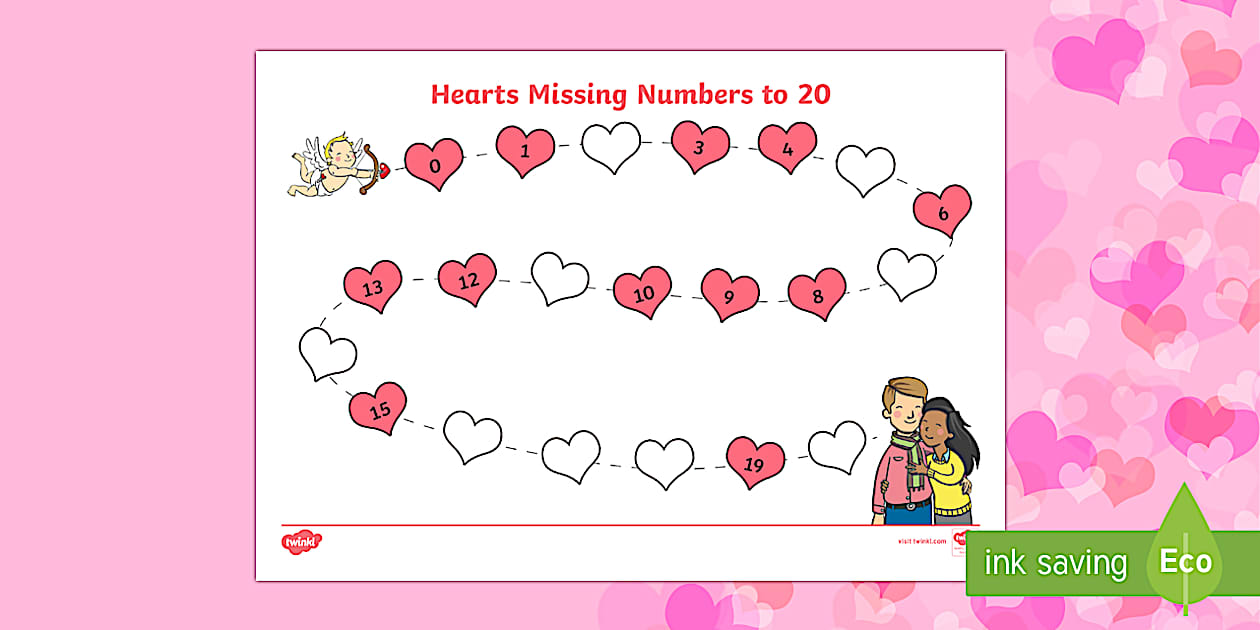 Black and White Hearts Missing Numbers to 20 Worksheet