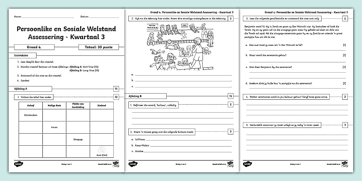 Graad 4 Lewensorientering Assessering Kwartaal 3 - Twinkl