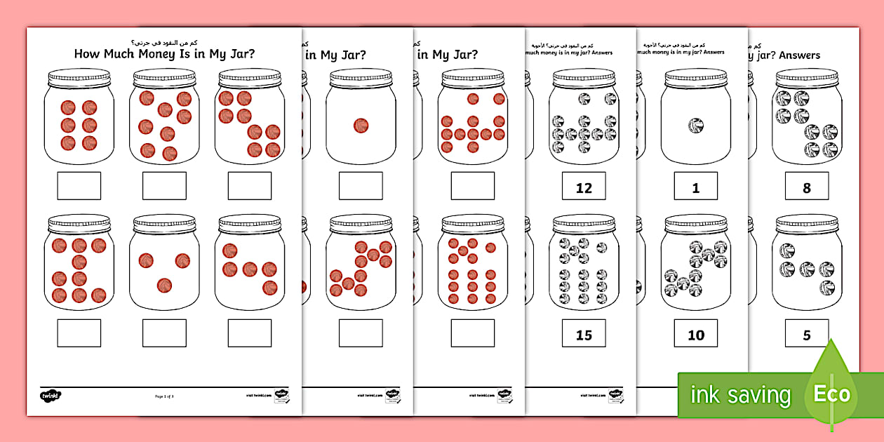 KS1 How Much Money Is in My Jar? Subitising Worksheets Arabic/English