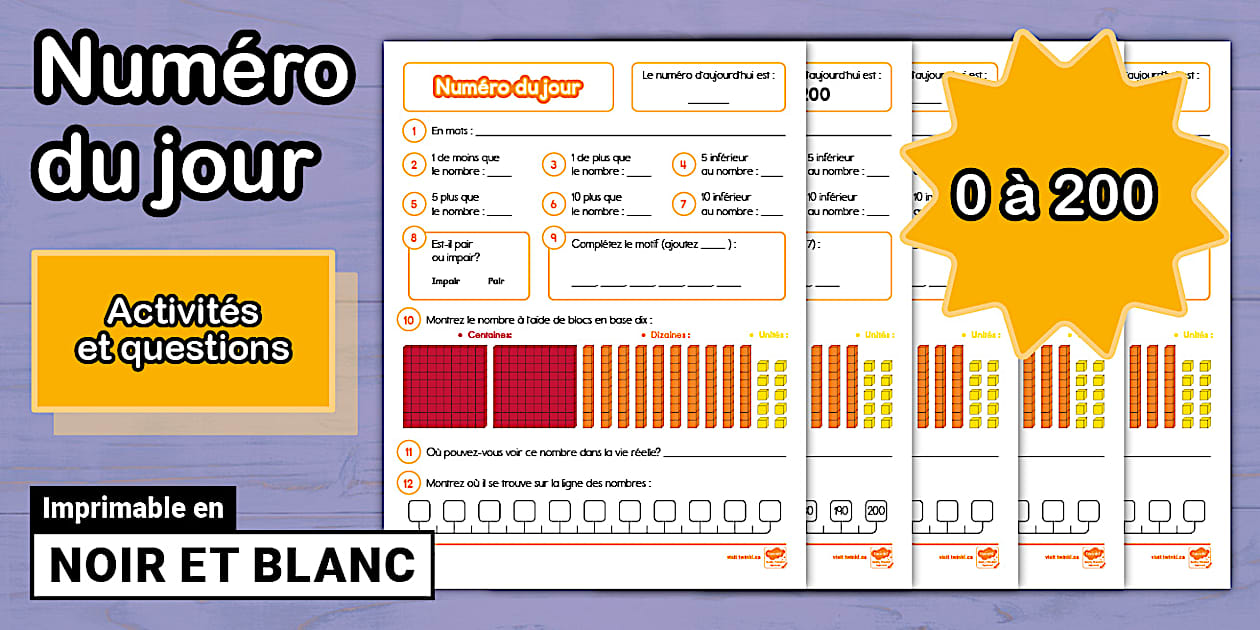 Number of the Day 0 to 200 Worksheets French