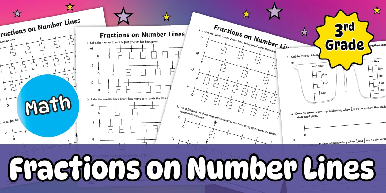 Third Grade Fractions on Number Lines Math Worksheets