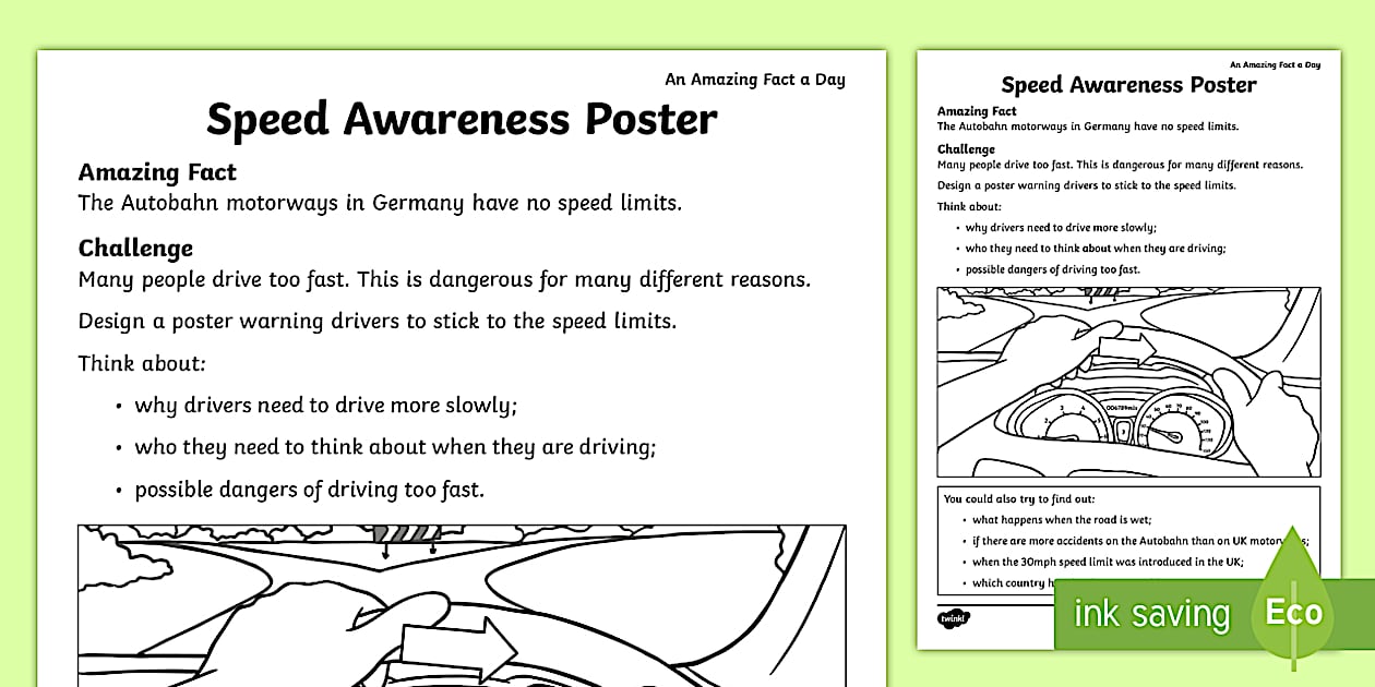 Speed Awareness Poster Worksheet / Worksheet - Twinkl