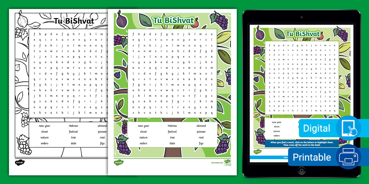 Tu BiShvat Word Search for 3rd-5th Grade - Twinkl