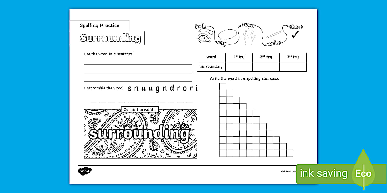Surrounding Spelling Practice Worksheet - Twinkl