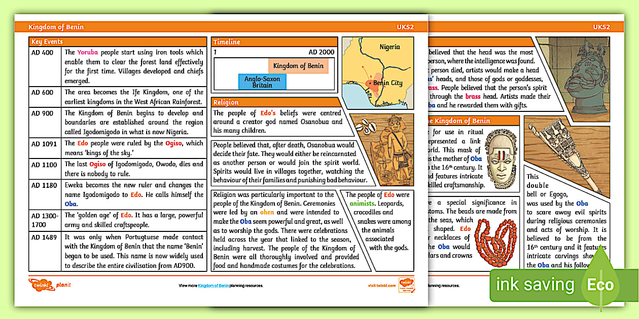 History Knowledge Organiser: Benin UKS2 - Twinkl