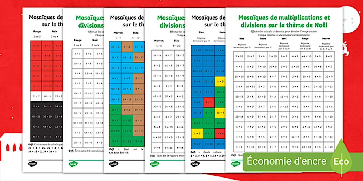 Mosaïques de multiplications et divisions sur le thème de Noël