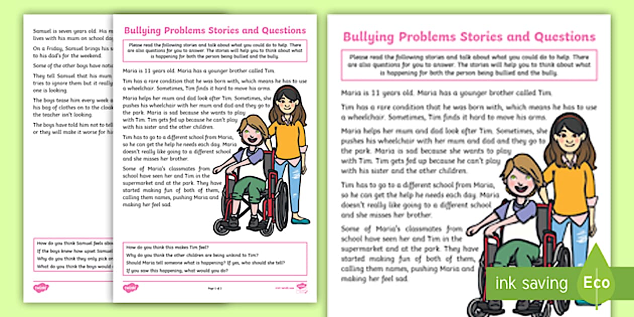 Bullying Problems Stories and Questions 3 Worksheet - Twinkl