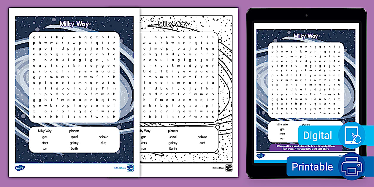 Milky Way Word Search for K-2nd Grade (teacher made)