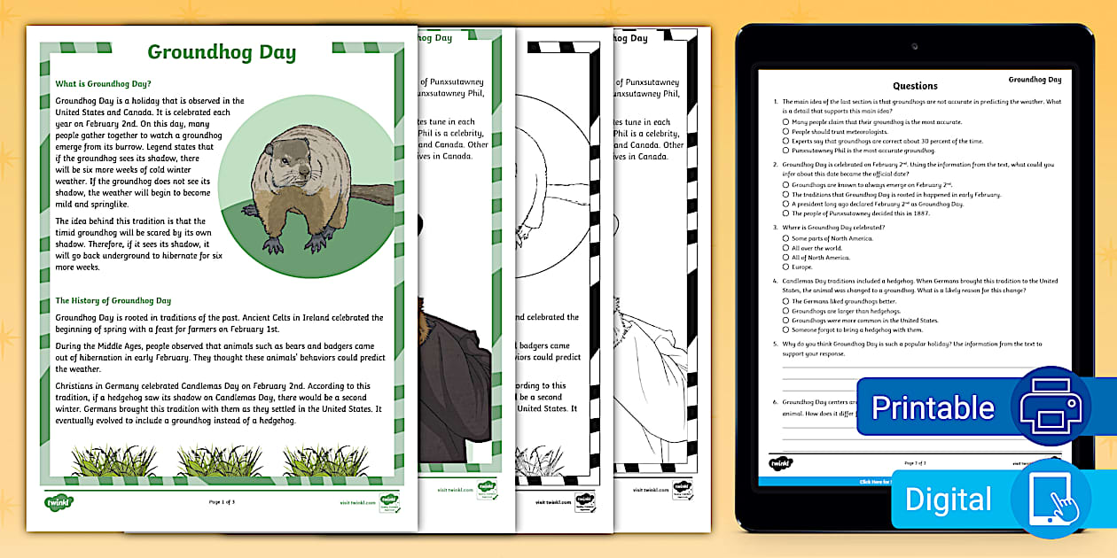 Fifth Grade Groundhog Day Reading Comprehension Worksheet
