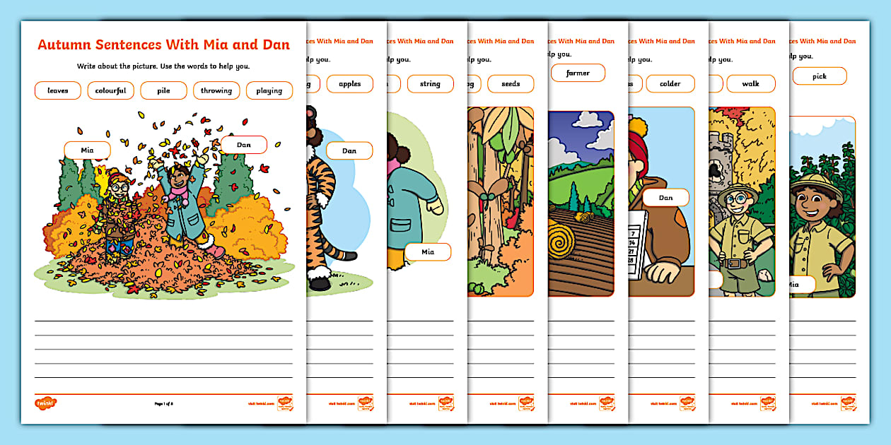 Autumn Sentences With Mia and Dan Activity Sheets - Twinkl