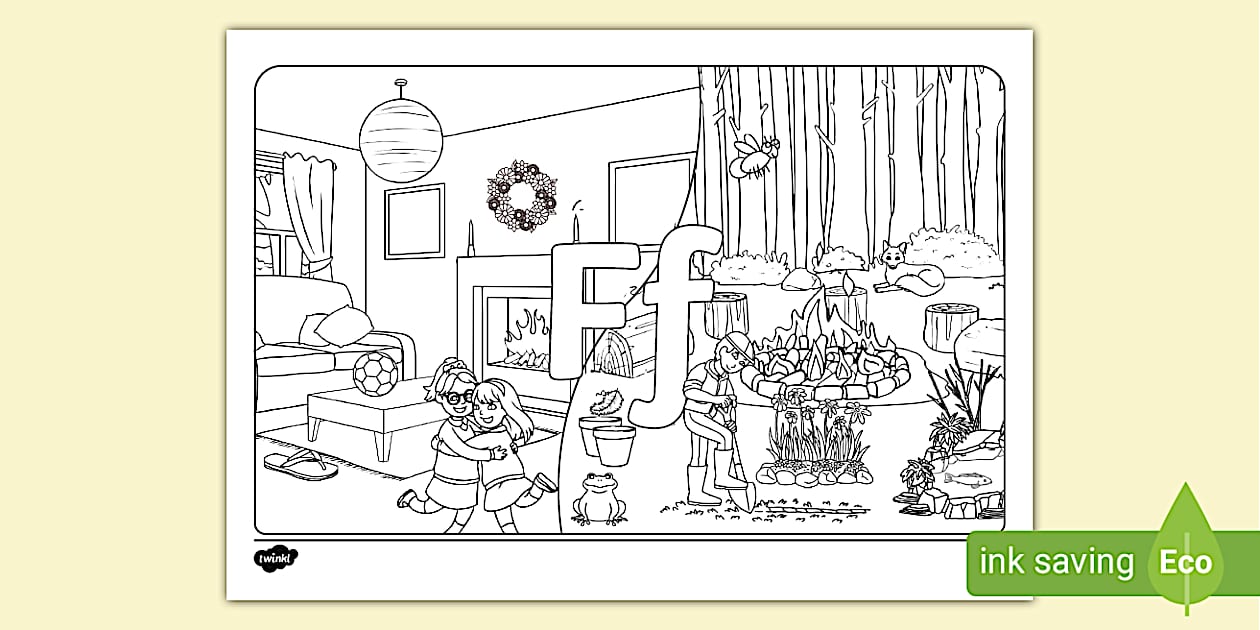 F Sound Loaded Scene Colouring Page, F Words (Teacher-Made)