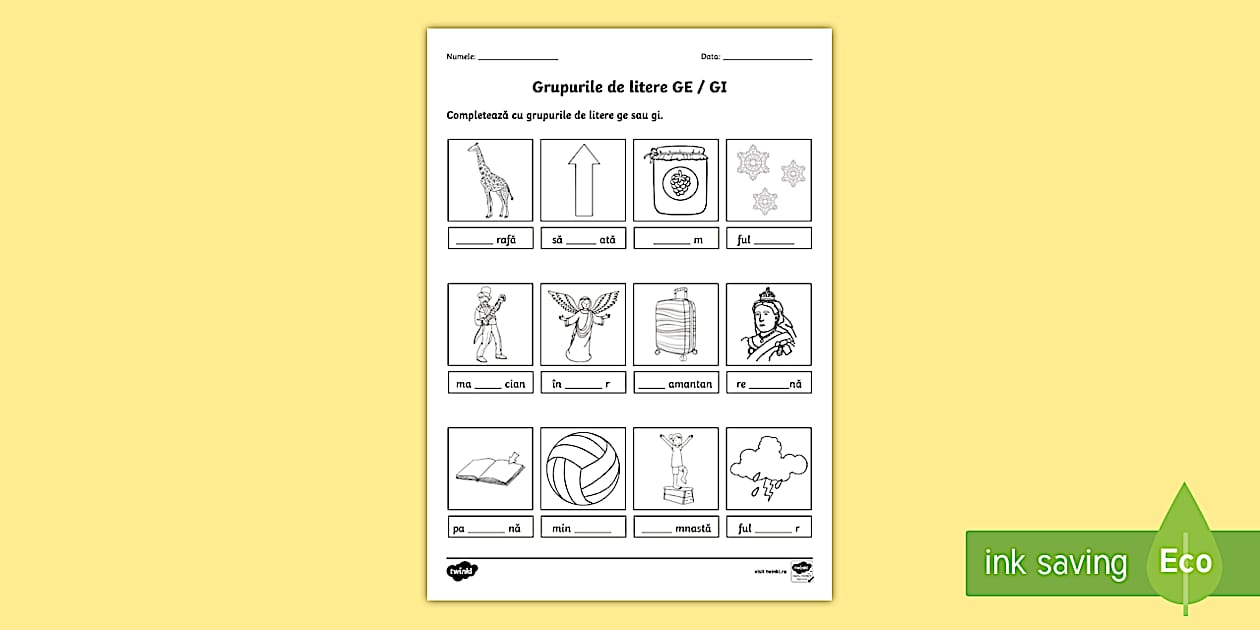 Grupurile de litere ge/gi Fișă de lucru - Twinkl