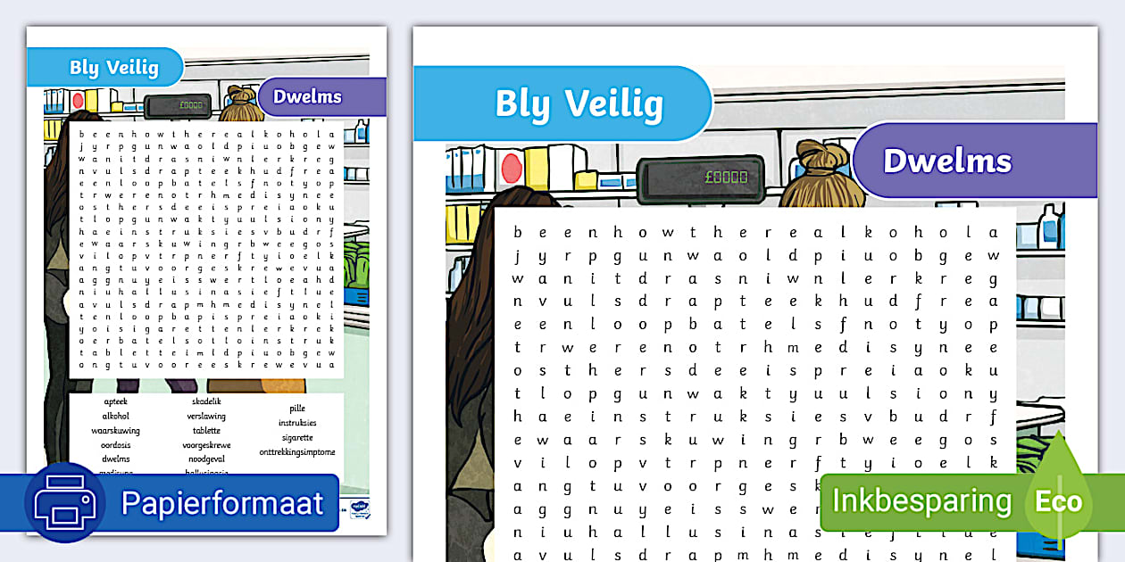 Bly Veilig: Dwelms Woordsoek Aktiwiteit (teacher made)