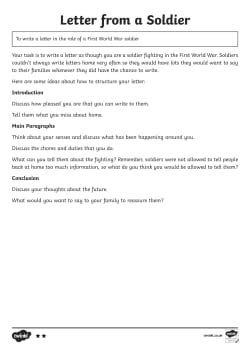 Write a Letter from a WW1 Soldier to Families Worksheets KS2