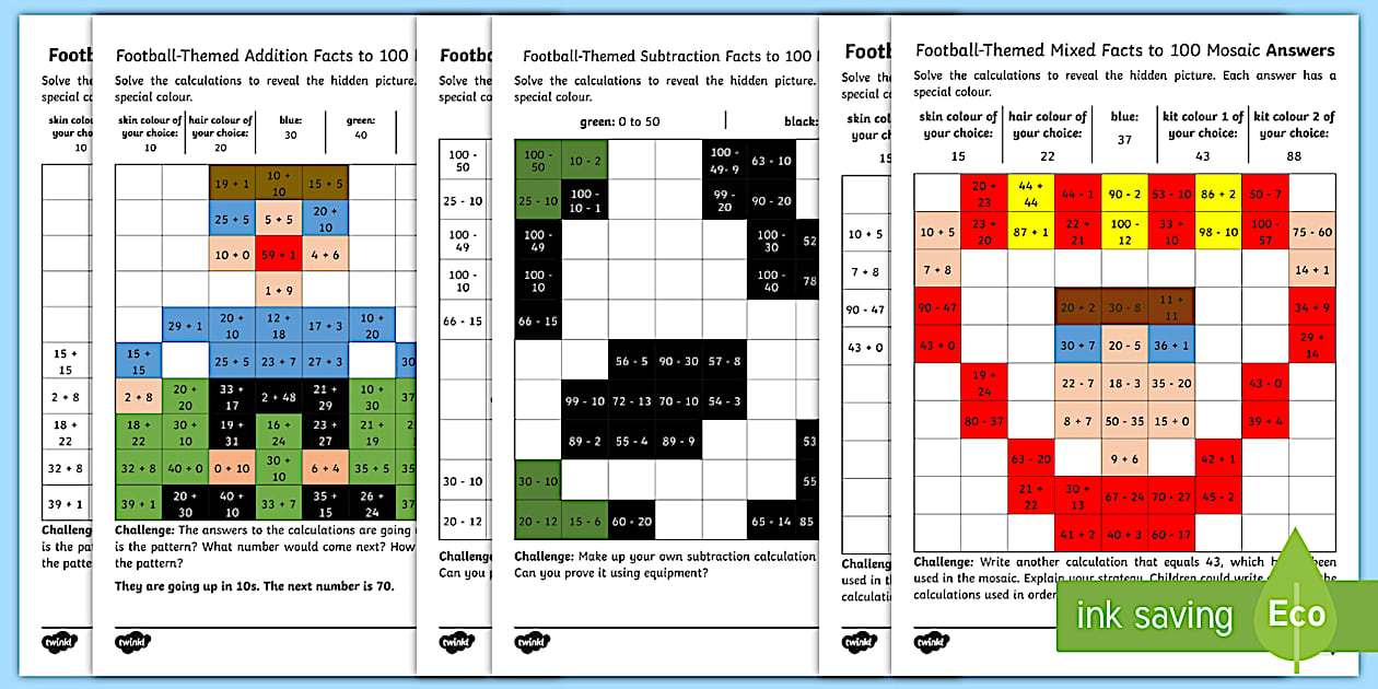 F-2 Football Themed Addition and Subtraction Facts up to 100 Maths Mosaic