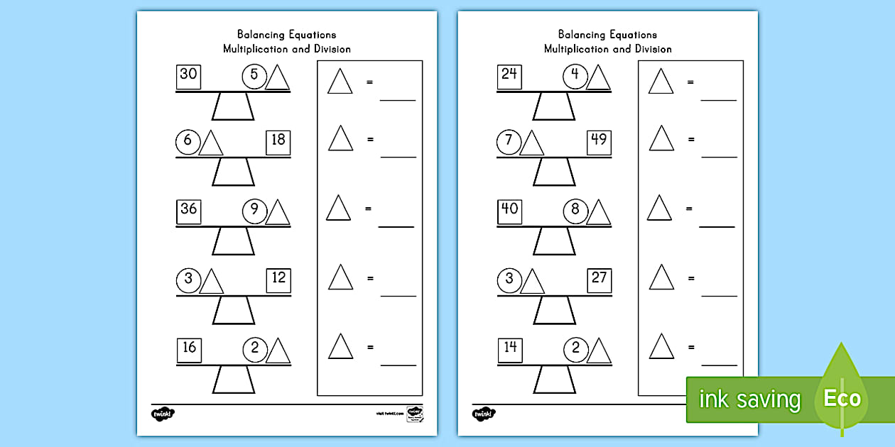 Balancing Multiplication and Division Equations Worksheet for 3rd-5th Grade