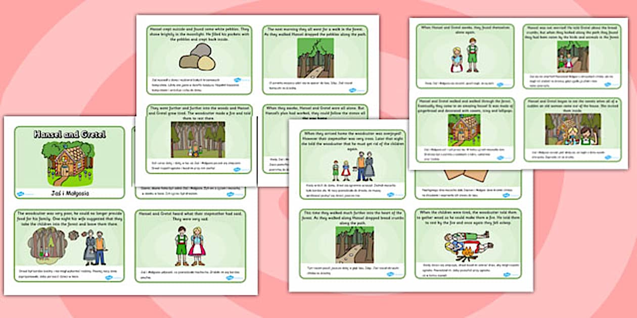Black and White Hansel and Gretel Story Sequencing (4 per A4) Polish