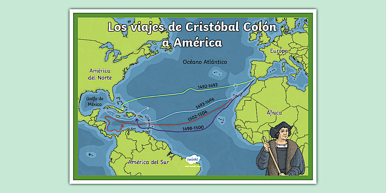 Mapa Los viajes de Cristóbal Colón a América Twinkl Colombia