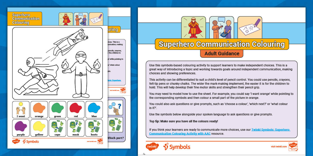 Twinkl Symbols: Superhero Communication Colouring Activity