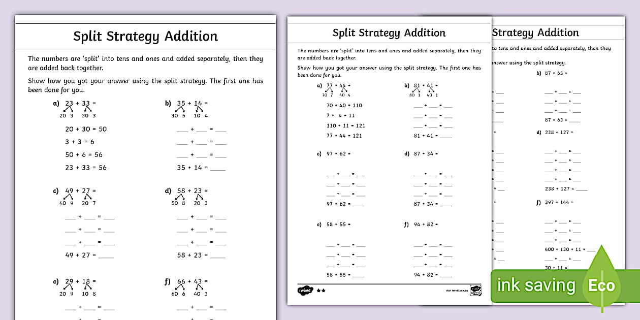 Differentiated Split Strategy Addition Worksheets - Twinkl
