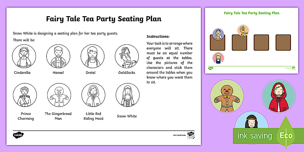 KS1 Fairy Tale Tea Party Seating Plan Worksheet / Worksheet