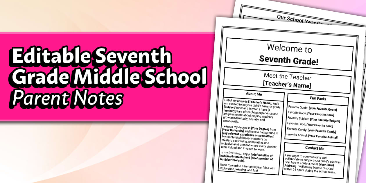 Editable Seventh Grade Middle School Parent Notes - Twinkl