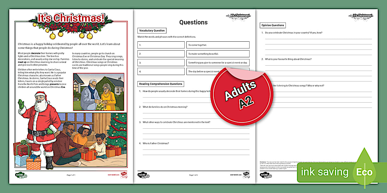 ESL It's Christmas Reading Comprehension [Adults, A2]