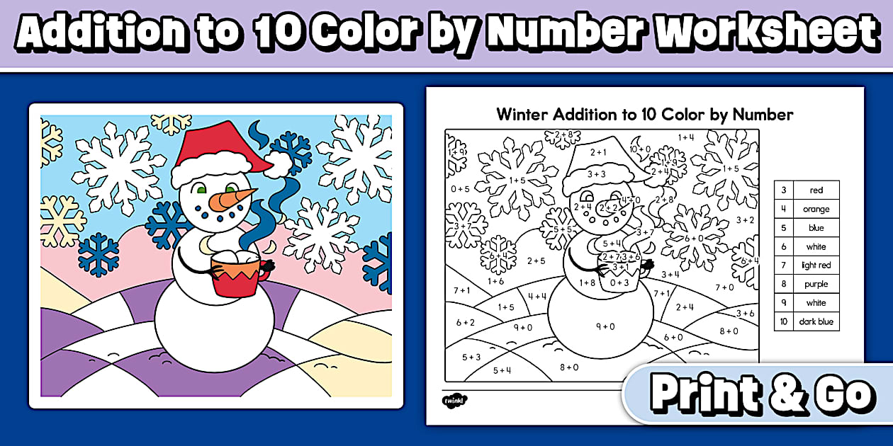 Winter Addition to 10 Color by Number Worksheet