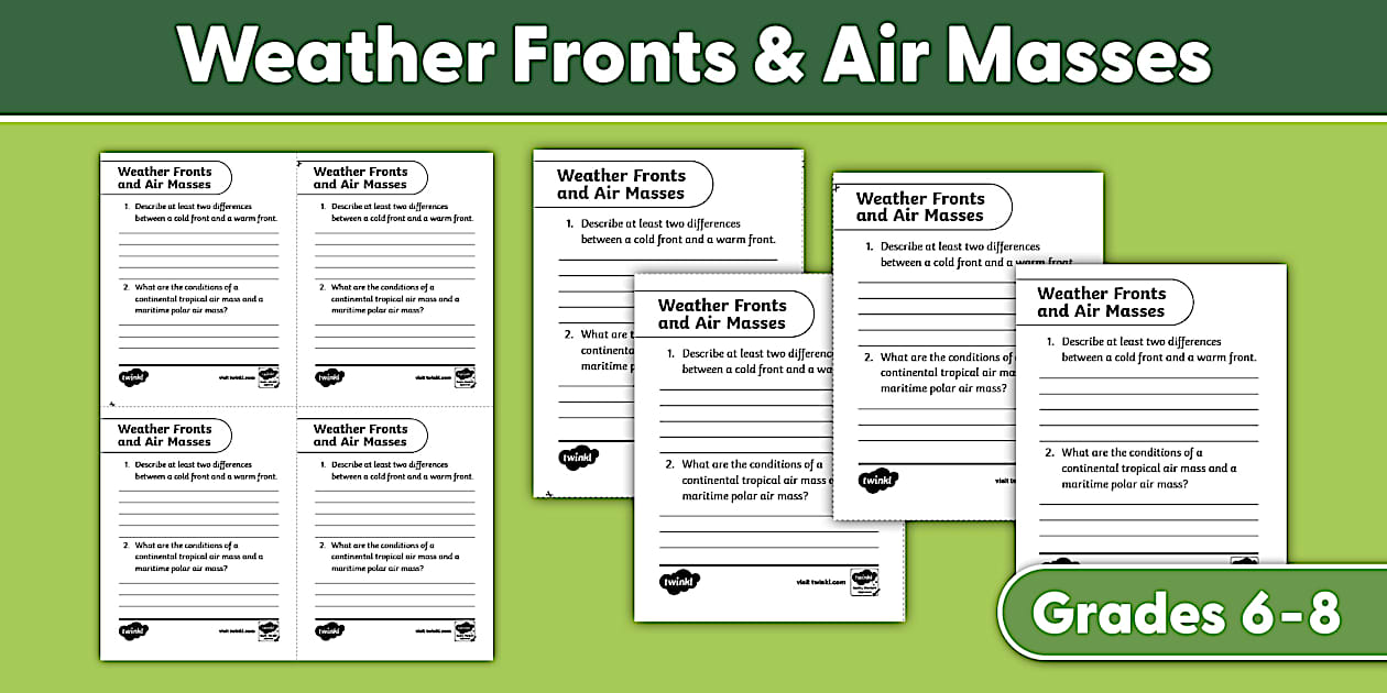 Weather Fronts and Air Masses Exit Ticket for 6th-8th Grade