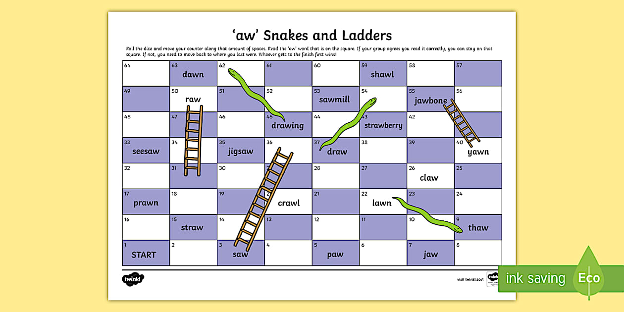 Editable 'aw' Sound Snakes and Ladders Game - Twinkl