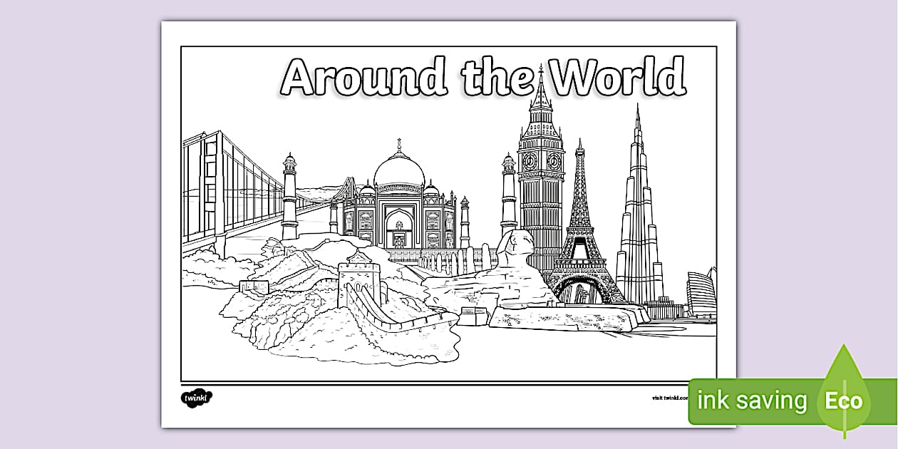 Around the World Colouring Page, World Landmarks