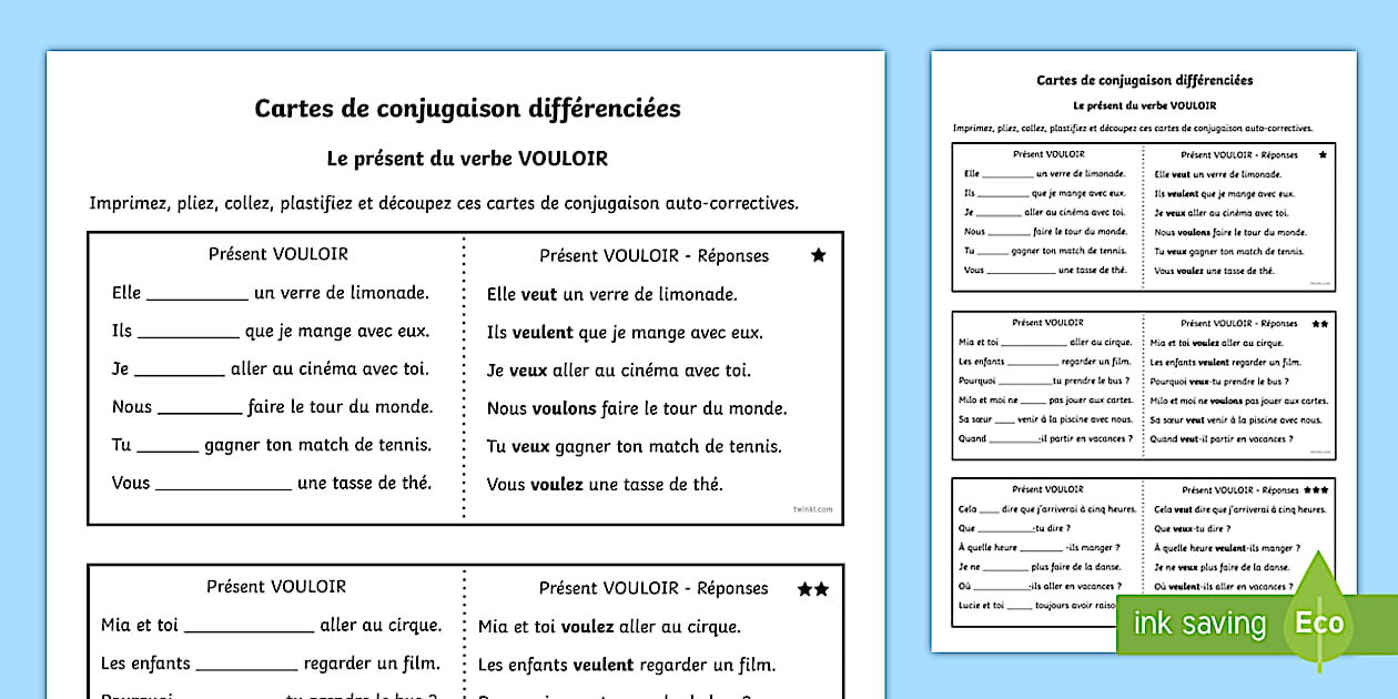 Cartes de conjugaison : VOULOIR au présent