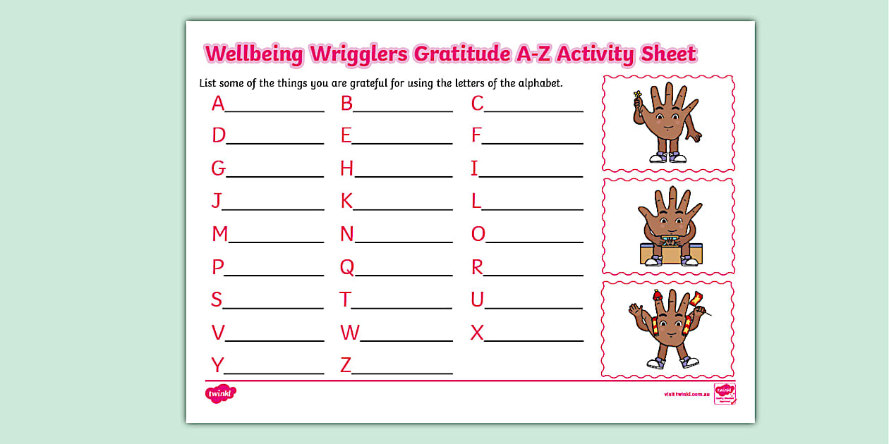 Wellbeing Wrigglers Gratitude A-Z Activity Sheet